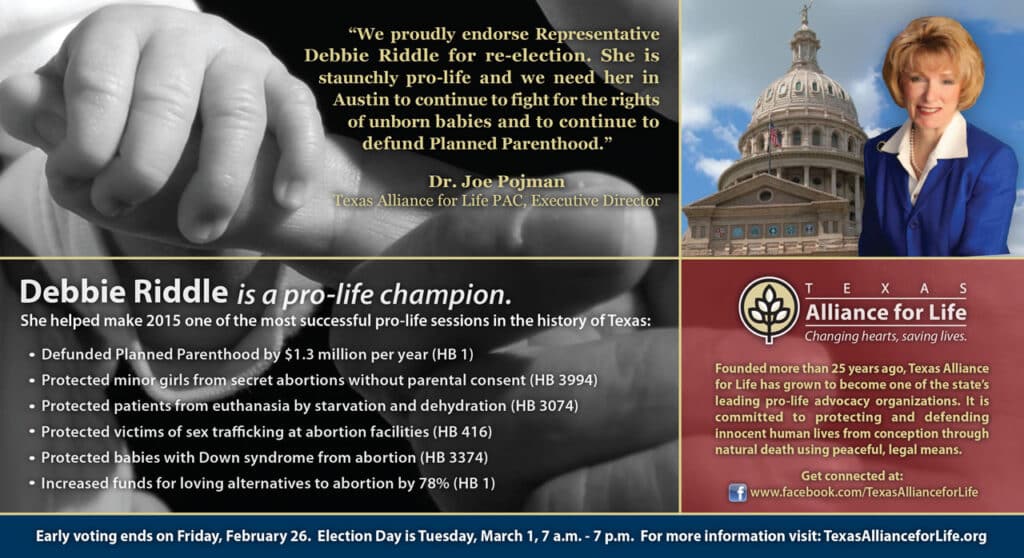 Pro-Life Champion State Representative Debbie Riddle Deserves Re-Election